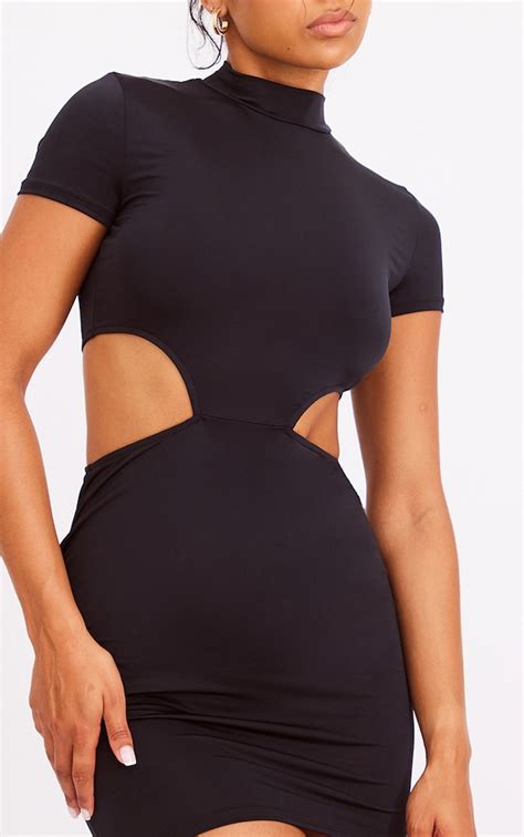 Black Slinky Cut Out Short Sleeve Bodycon Dress Dresses