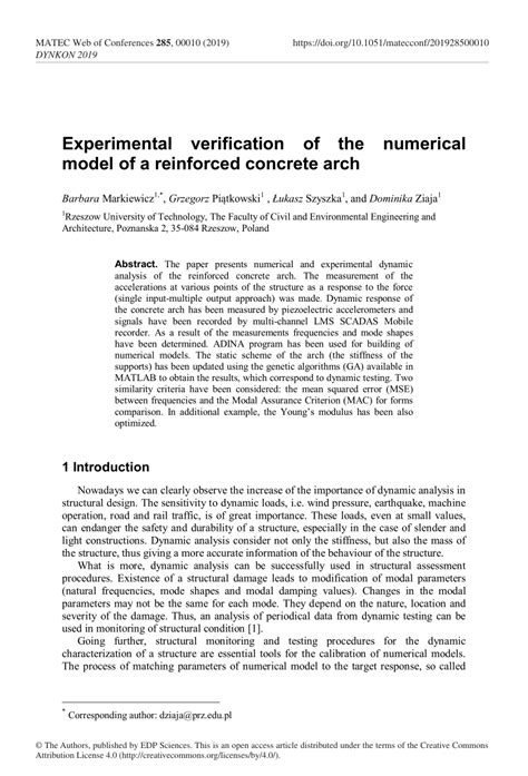 Pdf Experimental Verification Of The Numerical Model Of A Reinforced Concrete Arch
