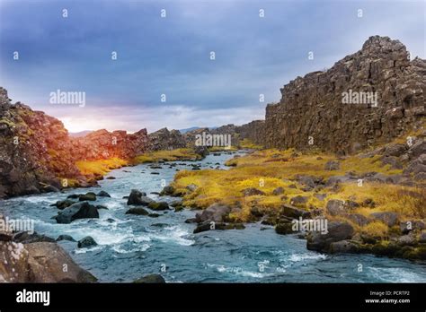 River Oxara Near The Oxarafoss Waterfall Iceland Inthingvellir