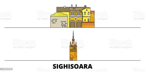 루마니아 시기 쇼 아 라 플랫 랜드마크 벡터 일러스트 레이 션입니다 루마니아 시기 쇼 아 라 선 도시 유명한 여행 명소 스카이라인 디자인 시기쇼아라에 대한 스톡 벡터 아트