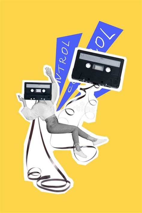 Vertical Photo Collage Of Fallen Girl Instead Head Retro Cassette