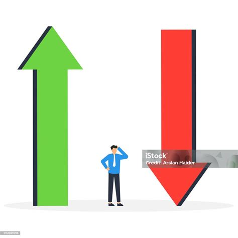 투자 및 수익에 대한 손실 및 이익 또는 주식 또는 암호화 거래에서 손익 돈 금융 녹색 및 빨간색 화살표 차트 사업가 투자자가 상승 및 하강 그래프 화살표 개념을보고 가격에