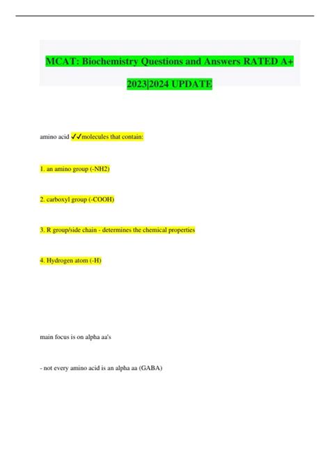 Mcat Biochemistry Questions And Answers Rated A 2023 2024 Update Mcat Biochemistry Stuvia Us