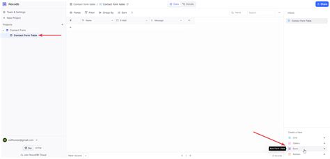 create a contact form using the self hosted nocodb and gmail smtp