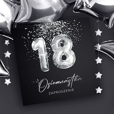 ZAPROSZENIA Na 18 Urodziny Czarno Srebrne Glittery 10szt Koperty