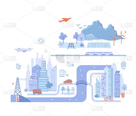 聪明的绿色城市。信息图表元素。基础设施、交通、服务、通讯、能源、电力。技术的概念。矢量插图上的白色背