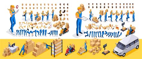 아이소 메트릭 배달 서비스에서 캐릭터 택배 소녀 및 남자를 만드십시오 손 발의 제스처 세트 캐릭터의 감정 다양한 헤어 스타일 세트 세트 4 고객에 대한 스톡 벡터 아트 및