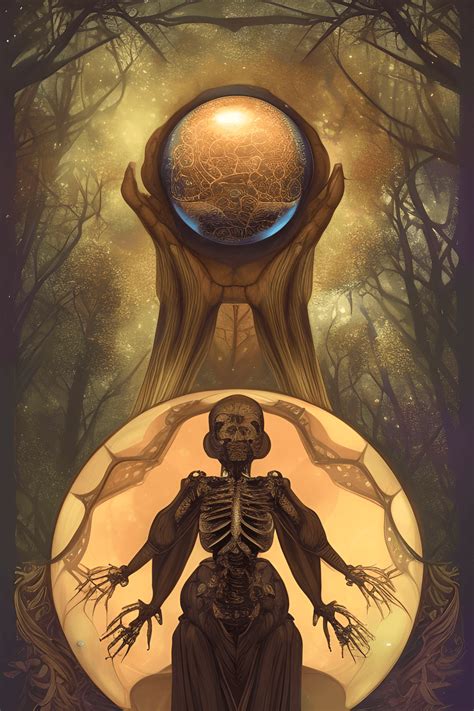 Graphic Symmetry Portrait Of A Big Skeleton With A Crystal Ball