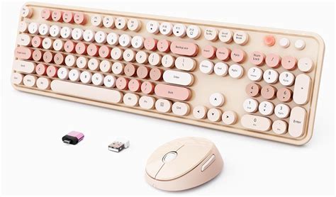Wireless Keyboard And Mouse Combo Ergonomic Full Size Typewriter Retro Round Keycaps Keyboard