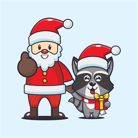 Premium Vector Cute Raccoon With Santa Claus Cute Christmas Cartoon