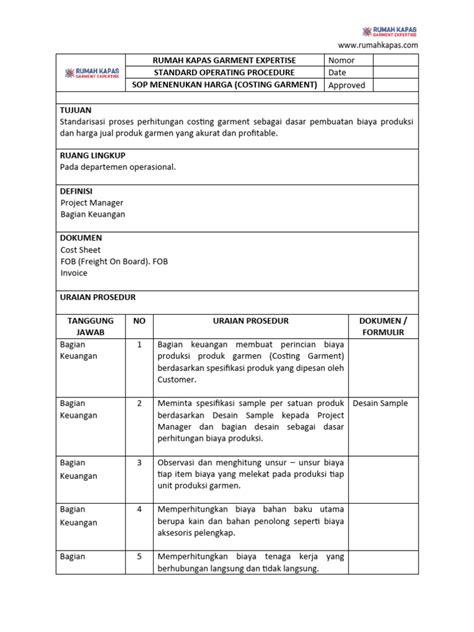 10 Sop Menentukan Harga Costing Garment Pdf