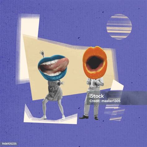 현대 미술 콜라주 큰 입을 벌린 커플 남자와 여자는 추상적 인 배경 위로 향합니다 빈티지 복고풍 스타일의 개념 초현실주의 입에