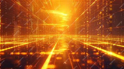 Futuristic Digital Landscape With Orange Glowing Light Trails In A Virtual Data Space Premium