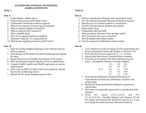 Prt Question Bank Doc Pattern Recognition Techniques Sample Questions Unit I Part A 1