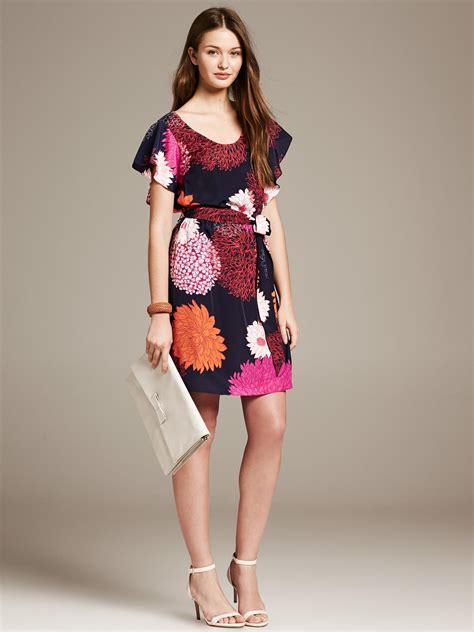 Bold Floral Flutter Sleeve Dress Banana Republic