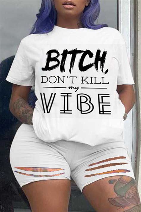 Wholesale Black Fashion Casual Letter Print Ripped O Neck Plus Size Two