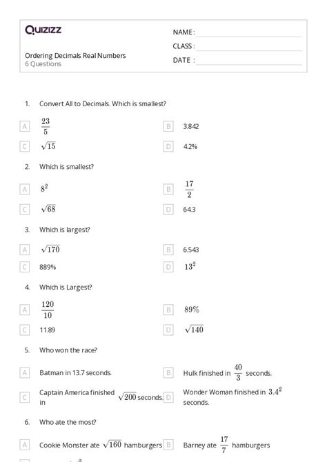50 Ordering Decimals Worksheets For 7th Class On Quizizz Free