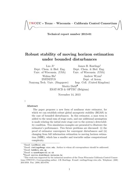 PDF Robust Stability Of Moving Horizon Estimation Under Bounded Disturbances
