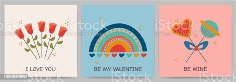 인사말 카드 세트 해피 발렌타인 데이 초대장 사랑의 선언 사탕 하트 장미 무지개가 있는 사각형 템플릿입니다 텍스트가 있는 벡터