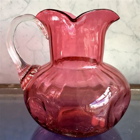 Large Victorian Ruby Glass Jug Clear Handle C 1890 Moorabool