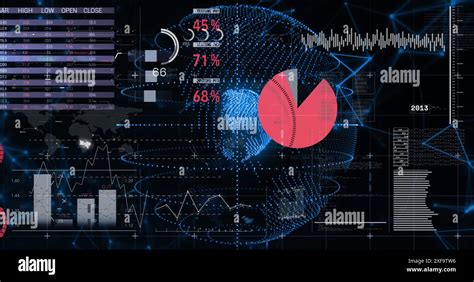 image of statistical data processing over spinning globe against black