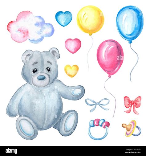 Watercolor Teddy Bear With Baby Toys Colorful Balloons And Pink Cloud