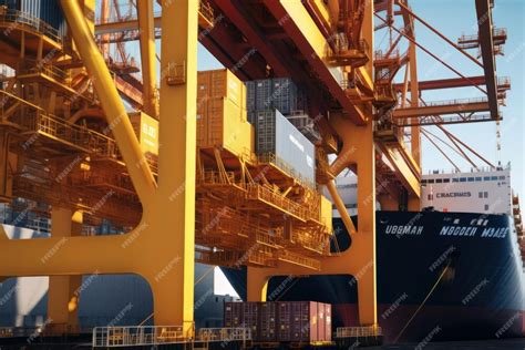 거대한 항구 크레인의 폐쇄 컨테이너는 하역장에 쌓여 있고 컨테이너 선박에 적재될 준비가 되어 있습니다 글로벌 화물 운송 및 물류