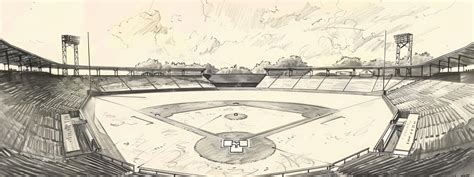 The Landscape Of A Baseball Stadium Painted In Sketch Retro Or Vintage