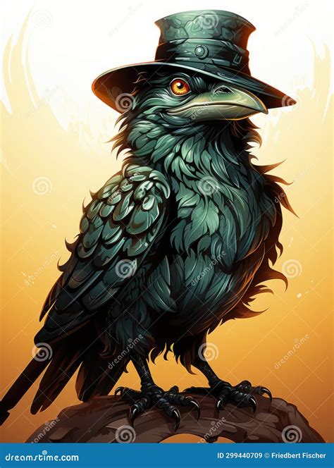 A Black Bird Wearing A Green Hat On A Branch Stock Illustration