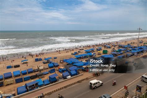 Aerial View Of Puri Sea Beach With View Of Beach Stalls And City Road