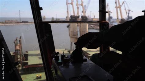 Man Hands Control Joysticks At Grain Terminal Operator Cabin Workplace