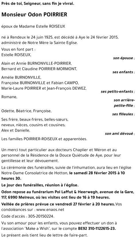 Avis De Décès De Odon Poirrier Décédé Le 24022015 à Aye Annonce