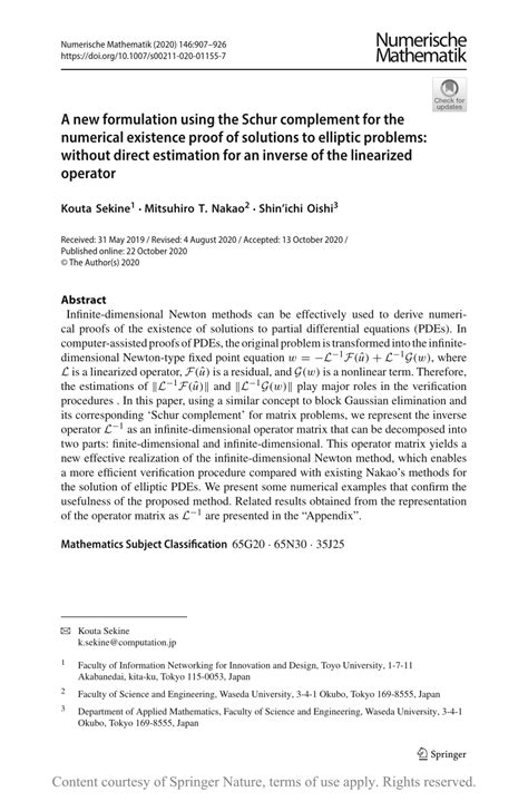 Pdf A New Formulation Using The Schur Complement For The Numerical Existence Proof Of