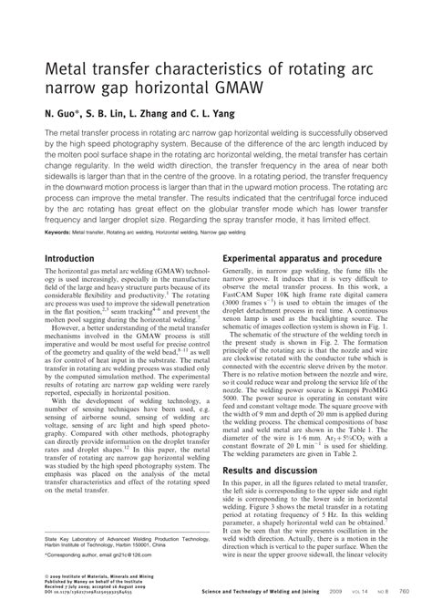 Pdf Metal Transfer Characteristics Of Rotating Arc Narrow Gap Horizontal Gmaw