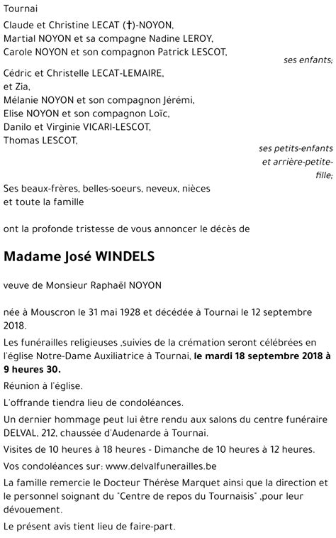 Avis De Décès De José Windels Décédé Le 12 09 2018 à Tournai Annonce Condoléances Fleurs