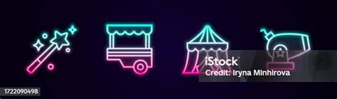 세트 라인 마술 지팡이 빠른 길거리 음식 카트 서커스 텐트 및 대포 빛나는 네온 아이콘입니다 벡터 거리에 대한 스톡 벡터 아트 및 기타 이미지 Istock