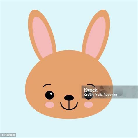 갈색 토끼 토끼입니다 재미 있는 머리 얼굴입니다 큰 귀 귀여운 만화 캐릭터 아기 인사말 카드 템플릿입니다 행복 한 부활절 기호입니다 파란색 배경입니다 평면 디자인입니다