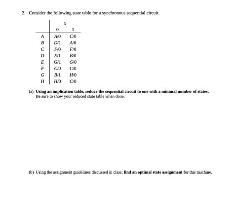solved 2 consider the following state table for a
