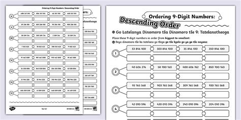 Ordering 9 Digit Numbers Descending Order Activity Sheet Sepedi