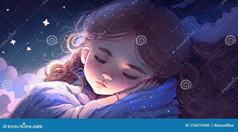 A Cute And Adorable Girl Is Sleeping Under Night Sky Between Stars