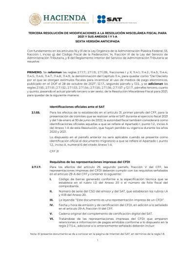 TERCERA RESOLUCIÓN DE MODIFICACIONES A LA RESOLUCIÓN MISCELÁNEA FISCAL