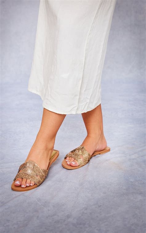 Gold Diamante Real Leather Strap Mule Flat Sandals Footwear
