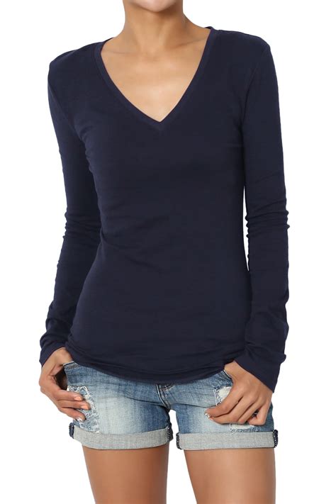 Themogan Womens Basic Plain Solid V Neck Long Sleeve Tee Cotton Fitted