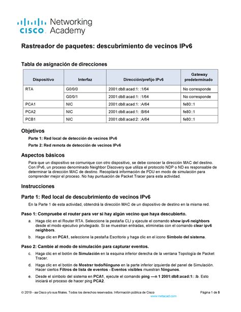 9 3 4 Packet Tracer Ipv6 Neighbor Discovery Es XL 2019 Aa Cisco Y