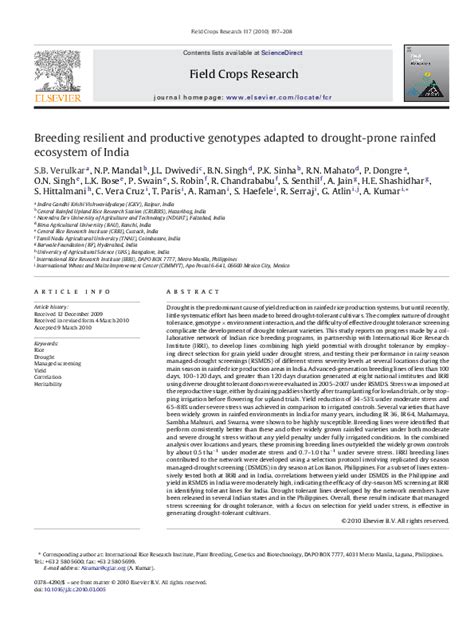 Pdf Drought Tolerant Rice Breeding In India