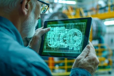 Augmented Reality Innovation Chief Engineer Analyzing Electric Generator Model On Tablet At