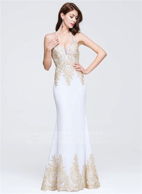 Trumpetmermaid Halter Floor Length Tulle Lace Prom Dresses With