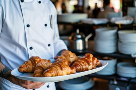 Premium Photo Chef Carrying A Tray Of Freshly Baked Croissants