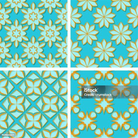 완벽 한 꽃 패턴입니다 오렌지 요소와 밝은 파랑 3d 배경 세트 0명에 대한 스톡 벡터 아트 및 기타 이미지 0명 3차원 형태 그림자 Istock