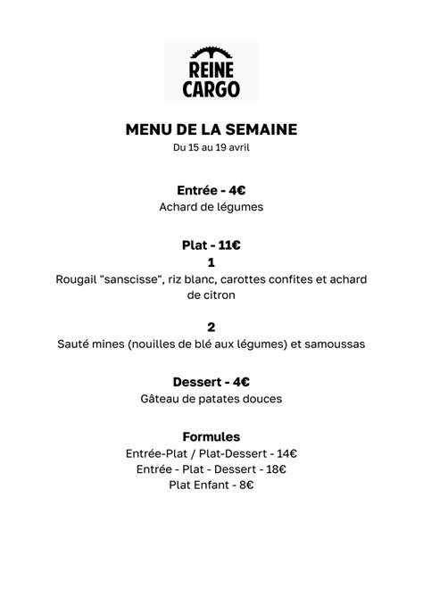 Carte Et Menus 2024 Cantine Reine Cargo à Bordeaux Thefork